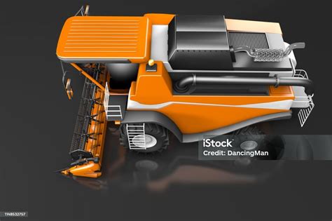 대형 렌더링 된 주황색 농촌의 산업 3d 그림을 결합 하는 수확기 측면 상단 보기 어두운 회색에 반사 텍스트에 대 한 장소를 가진 이랑 3차원 형태에 대한 스톡 사진 및