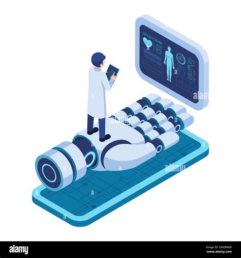 Isometric Doctor On Ai Robotic Hand Displaying Health Data Ai Diagnostics In Healthcare Concept