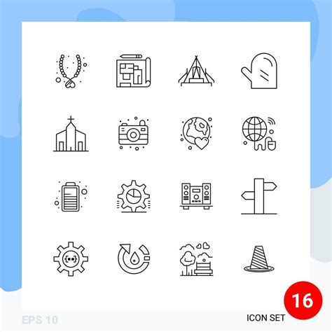Modern Set Of 16 Outlines Pictograph Of Building Glove Tent Food
