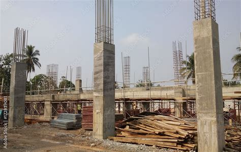 Casted Concrete Column At The Construction Site Provided Protruding