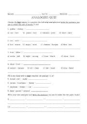 Analogy Quiz ESL Worksheet By MsMiller17