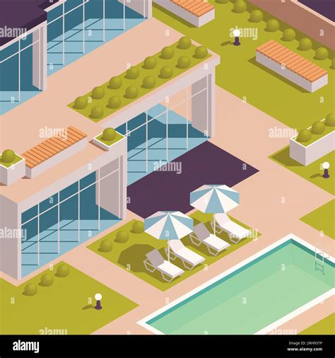 Urban City Green Spaces Eco Design Isometric Colored Composition With Beautiful Cottage With
