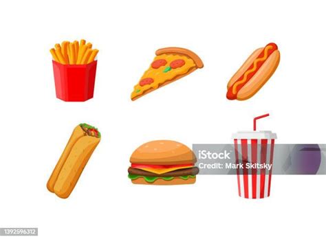 패스트 푸드 식사 세트 클래식 햄버거 감자 튀김 팩 핫도그 피자 부리토 샤워마 소다 음료 플랫 벡터 일러스트 레이 션 0명에 대한 스톡 벡터 아트 및 기타 이미지 Istock
