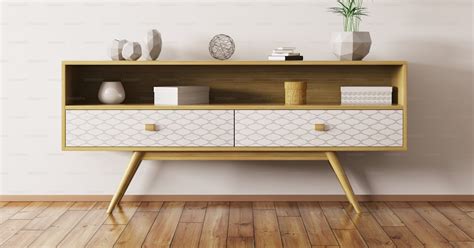 흰 벽 3d 렌더링 위에 나무 찬장과 전구가 있는 거실의 현대적인 인테리어 사진 Unsplash의 집 이미지