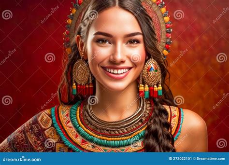 Beautiful Smiling Aztec Mexican Woman In Traditional Clothes Stock