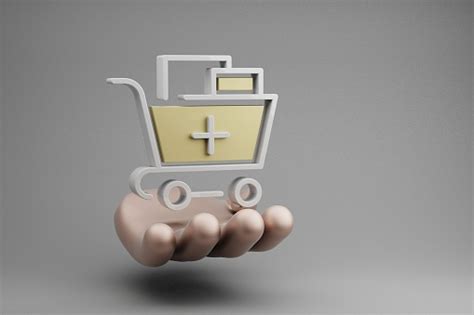 아름다운 추상적 인 삽화 회색 배경에 플러스 기호 아이콘이있는 골든 핸드 홀딩 쇼핑 카트 3d 렌더링 그림 온라인 쇼핑 강철에 대한 스톡 사진 및 기타 이미지 Istock