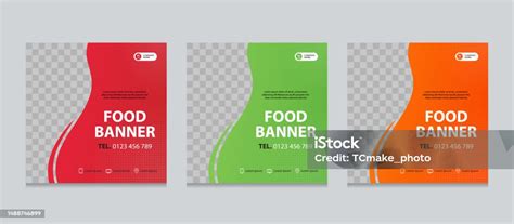 편집 가능한 정사각형 비즈니스 웹 배너 디자인 템플릿 세트입니다 배경 그라데이션 색상입니다 식품 판매 할인 소셜 미디어 게시물 인스타그램 스토리 및 웹 광고에 적합합니다