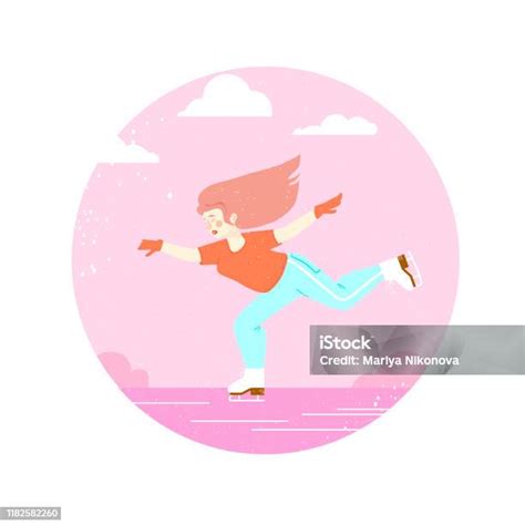 여자 피겨 스케이팅 링크에 행복 한 아이스 스케이트 겨울 스포츠 즐거운 휴일 보내세요 풍경 원 프레임 핑크 흰색 배경입니다 가족에 대한 스톡 벡터 아트 및 기타 이미지