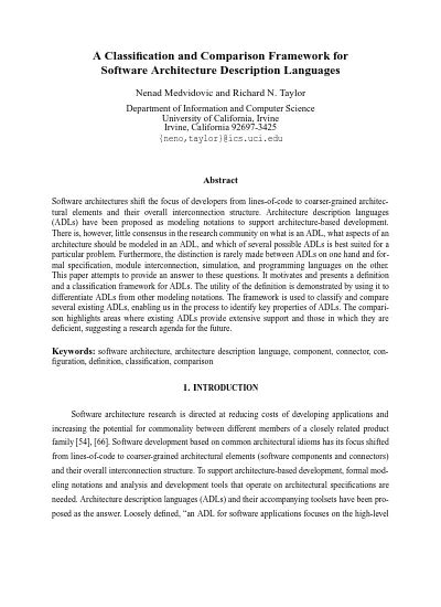A Classification And Comparison Framework For Software Architecture