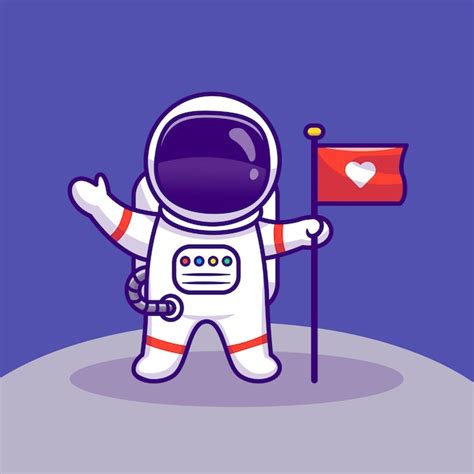 Premium Vector Astronaut Landing On Moon Holding Flag Cartoon Vector Icon Illustration Space