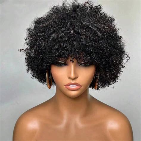 Afro Kinky Curly Wigs Human Hair With Bangs 4c Afro Wig Fluffy Remy Human Hair Full Machine Made