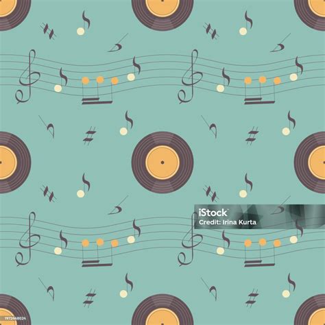 복고풍 스타일의 벡터 완벽 한 음악 배경입니다 비닐 레코드 음표 악보 보면대 70 년대 빈티지 디자인 직물 벽지 포장지를 위한 템플렛 벡터 일러스트 레이 션입니다 1970