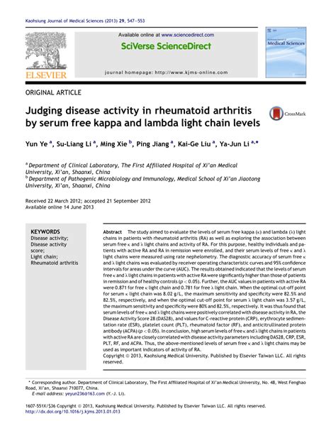 Pdf Judging Disease Activity In Rheumatoid Arthritis By Serum Free Kappa And Lambda Light