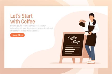 플랫 캐릭터 커피 숍 바리스타 벡터 일러스트 플랫 디자인 벡터 인포그래픽 일러스트레이션입니다 만화 남성 바리스타 또는 웨이터메뉴판 근처에 서 가공의 인물에 대한 스톡 벡터