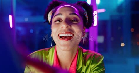 Woman Night And Excited In Office With Neon Tablet Or Scroll For Reading With Problem Solving