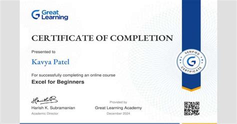 Kavya Patel On Linkedin Excel For Beginners Course Completion Certificate For Kavya Patel