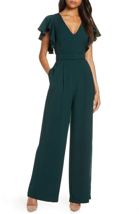 Eliza J Green Flutter Sleeve Belted Satin Romperjumpsuit Jumpsuit Fashion Classy Jumpsuit