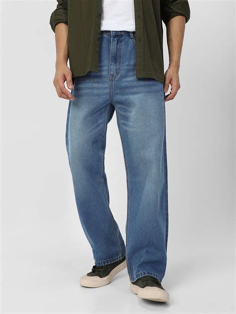 Mens Light Blue Loose Baggy Fit Washed Jeans Non Stretchable Urbano