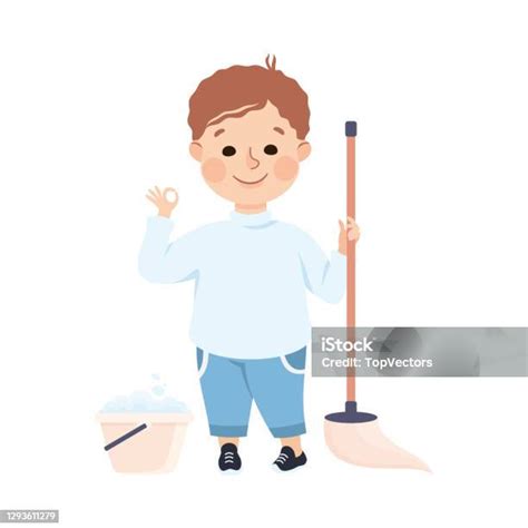 귀여운 소년 바닥 걸레 집안일로 부모를 돕는 아이 또는 가정 집안일 만화 스타일 벡터 일러스트를하고 가사 집안일에 대한 스톡 벡터 아트 및 기타 이미지 Istock