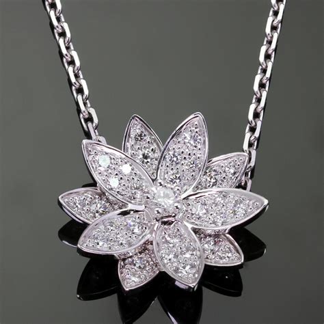 Van Cleef And Arpels Lotus Diamond White Gold Small Pendant Necklace
