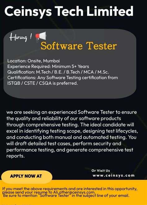 Hiring Softwaretester Qa Hiring Mumbaijobs Ceinsystech Techcareers Softwaretesting