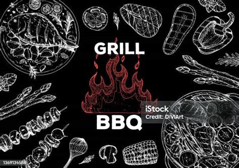 바베큐 그릴 음식 스케치 메뉴 디자인 템플릿입니다 구운 생선과 야채 프레임 벡터 그림입니다 새겨진 디자인 손으로 그린 그림 바비큐에 대한 스톡 벡터 아트 및 기타 이미지