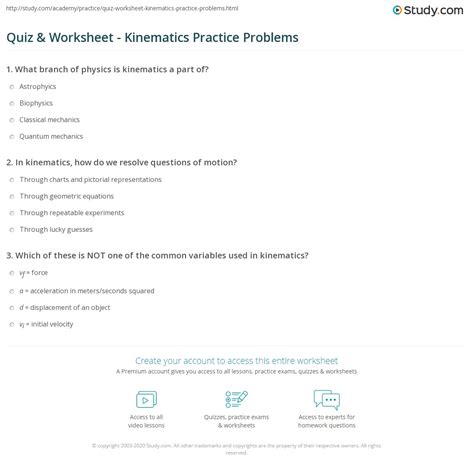 Quiz Worksheet Kinematics Practice Problems Study