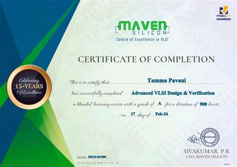 Pavani Reddy Tamma On Linkedin Vlsi Design Verification Mavensilicon Achievement Skills