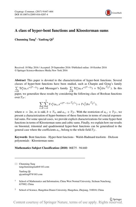 A Class Of Hyper Bent Functions And Kloosterman Sums Request Pdf
