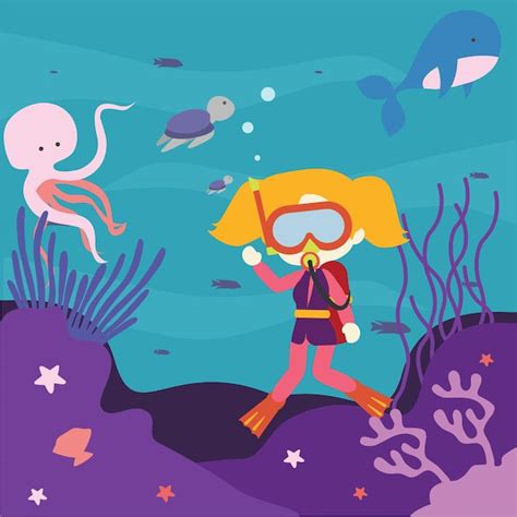귀여운 다이버 캐릭터가 있는 수중 생활 배경 그림 프리미엄 벡터