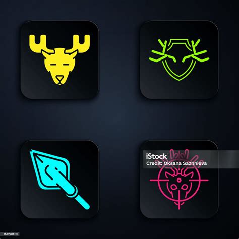 십자선이 있는 사슴 뿔이 있는 무스 머리 힙스터 화살촉 방패에 사슴 뿔을 사냥하세요 검은색 사각형 버튼입니다 벡터 0명에 대한 스톡 벡터 아트 및 기타 이미지 Istock