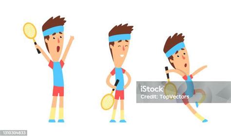 다양한 포즈 세트의 남성 테니스 선수 캐릭터 라켓과 볼 만화 벡터 일러스트와 테니스를 재생 스포츠 유니폼운동 선수 가공의 인물에