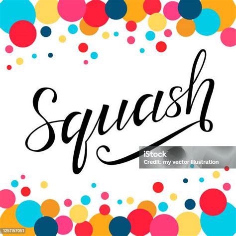 여러 가지 빛깔의 원 벡터 일러스트와 흰색 배경에 스쿼시 문자 텍스트 스쿼시 서예 스포츠 피트니스 활동 벡터 디자인 로고 티셔츠 캡을 프린트하세요 Championship에