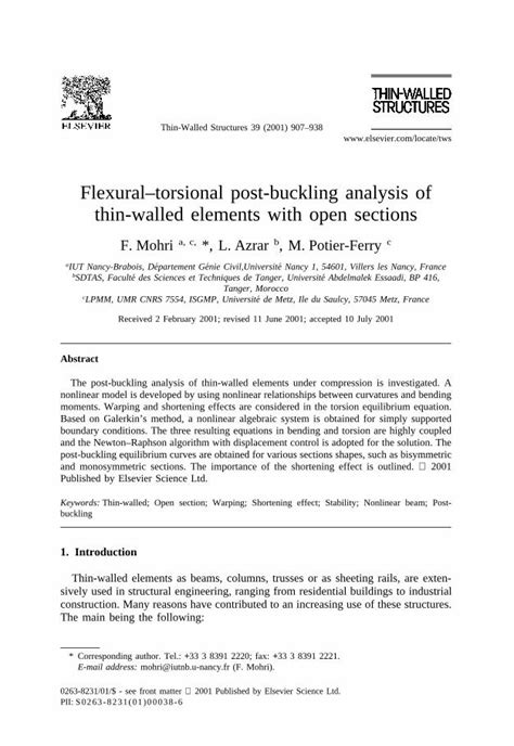 Pdf Flexuraltorsional Post Buckling Analysis Of Thin Walled Elements