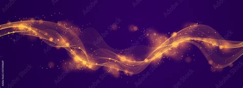 Dynamic Particles Sound Wave Flowing Over Dark Dotted Curves Vector Abstract Background