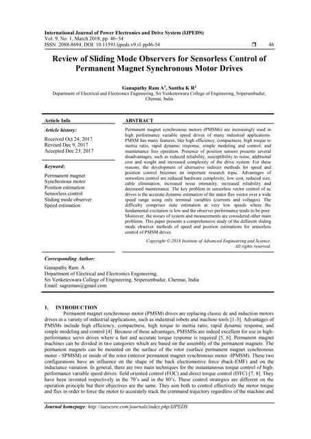 Review Of Sliding Mode Observers For Sensorless Control Of Permanent Magnet Synchronous Motor