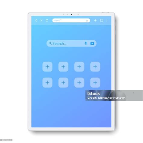 투명한 브라우저 창이 있는 사실적인 태블릿 전면 디스플레이 뷰 도구 모음과 검색 창이 있는 창 인터넷 브라우저 Brand Name Smart Phone에 대한 스톡 벡터
