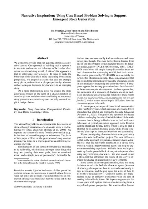 Pdf Narrative Inspiration Using Case Based Problem Solving To Support Emergent Story Generation
