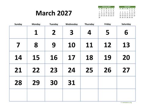 March 2027 Calendar With Extra Large Dates