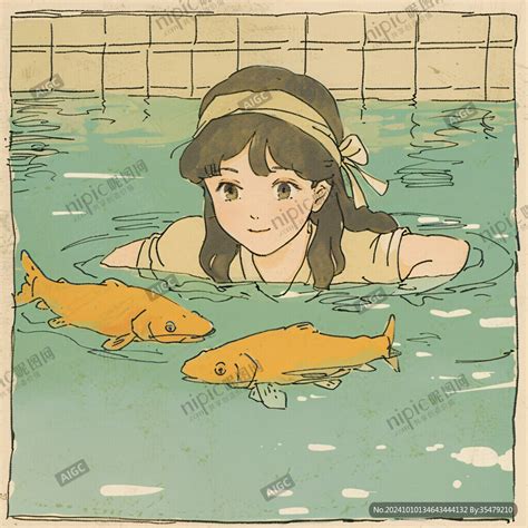 ai创作图传统药浴插画 游泳女孩儿插画 人物锦鲤插画 水族人物插画 药浴插画 手绘药浴人物 美人殖鱼图 驾驭鱼的少女 游泳插画游泳馆挂画 鱼疗