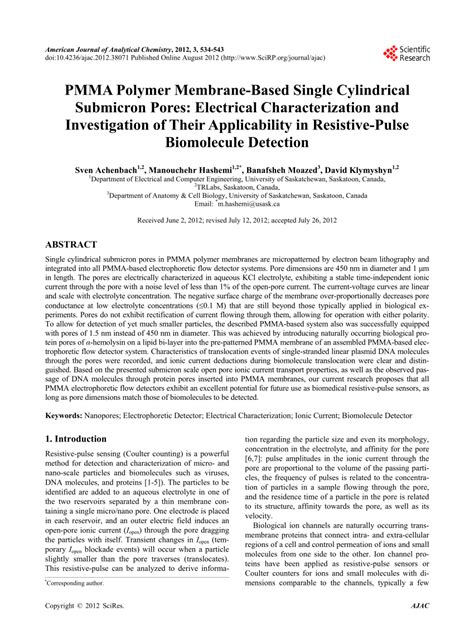 Pdf Pmma Polymer Membrane Based Single Cylindrical Submicron Pores Electrical Charactrization
