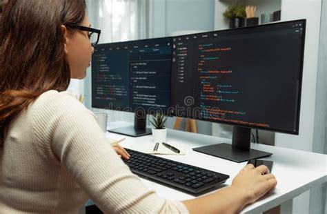 It Developer Woman Coding On Laptop Screen At Back Side View Postulate
