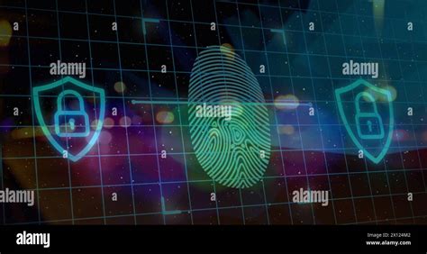 Image Of Data Processing With Biometric Fingerprint Over Grid Stock