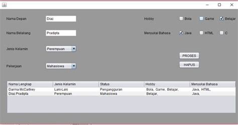 bermain dengan jtextfield jcheckbox dan jcombobox lalu menampilkan