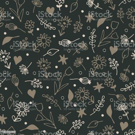 어두운 녹색 배경에 작은 회색 꽃과 원활한 벡터 패턴 간단한 손으로 그린 꽃 벽지 디자인 장식 여름 초원 패션 직물 별 모양에 대한 스톡 벡터 아트 및 기타 이미지 Istock