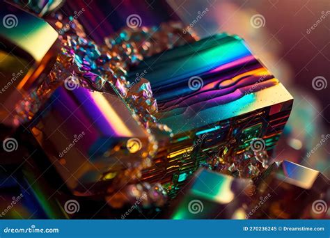 Close Up Of Bismuth Crystal With Stairstep Crystal Structure And Iridescent Colors Stock