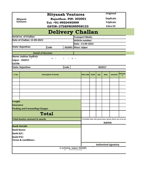 Delivery Challan For Rajasthan Pdf