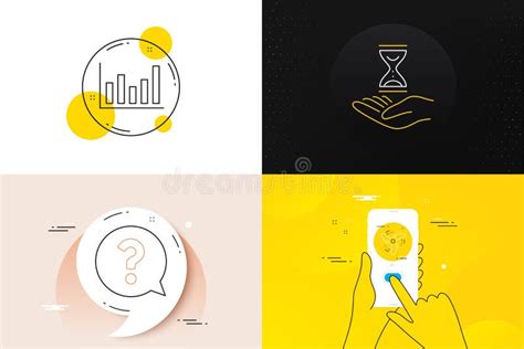 Minimal Set Of Column Chart Question Mark And Time Hourglass Line Icons For Web Development
