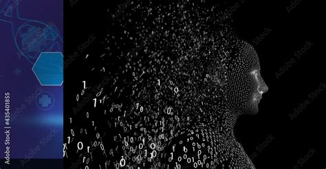 composition of exploding human bust formed with binary coding and dna