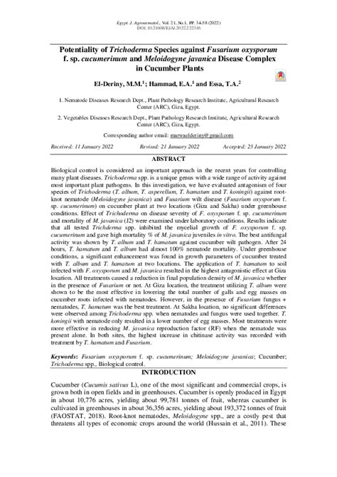 Pdf Potentiality Of Trichoderma Species Against Fusarium Oxysporum F Sp Cucumerinum And